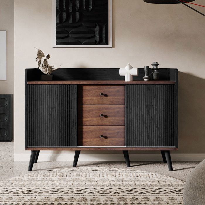 Ulife Buffet en bois moderne noir avec trois tiroirs,grain délicat ...