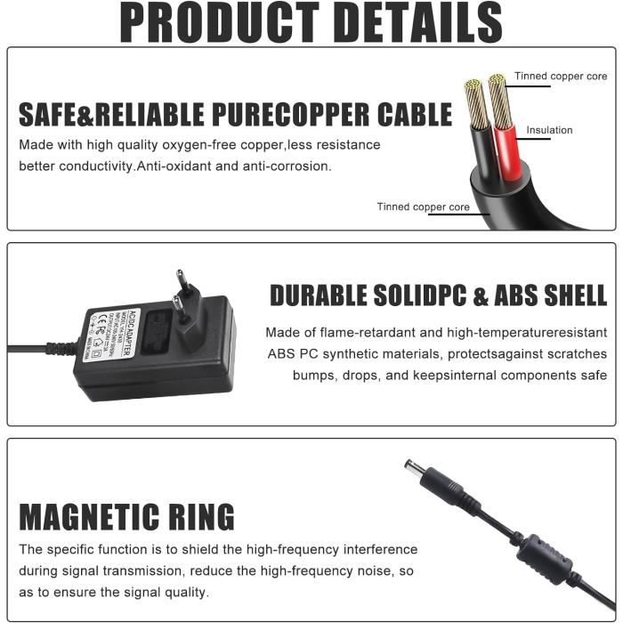 Adaptateur secteur 24 V 3 A, alimentation 72 W, transformateur AC vers DC, entrée 100 à 240 V ...