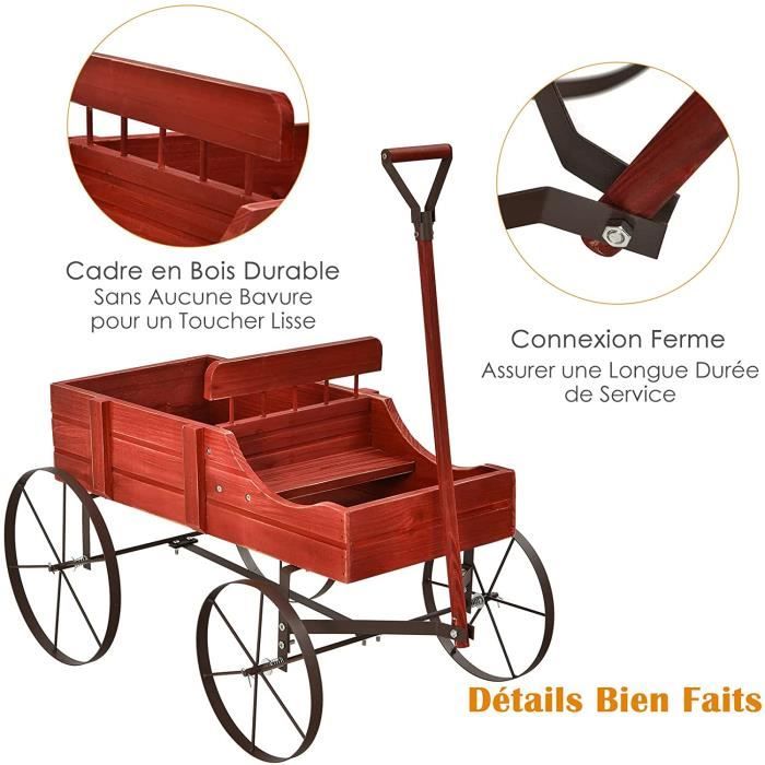 GOPLUS Jardinière Forme Brouette Chariot Décoratif en Bois avec 2 Bac de Plantation pour ...