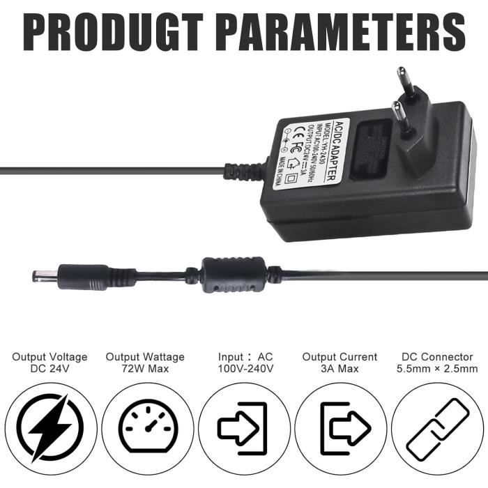 Adaptateur secteur 24 V 3 A, alimentation 72 W, transformateur AC vers DC, entrée 100 à 240 V ...