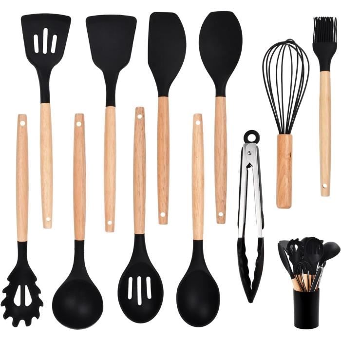 Lot De 12 Ensemble D'Ustensiles De Cuisine En Silicone, Outils De Cuisine En Bois,Set Spatule En ...