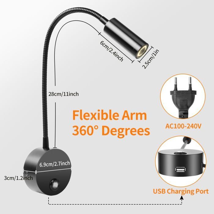 Lampe de Lecture LED Rechargeable USB Veilleuse Flexible Tactile Noir ...