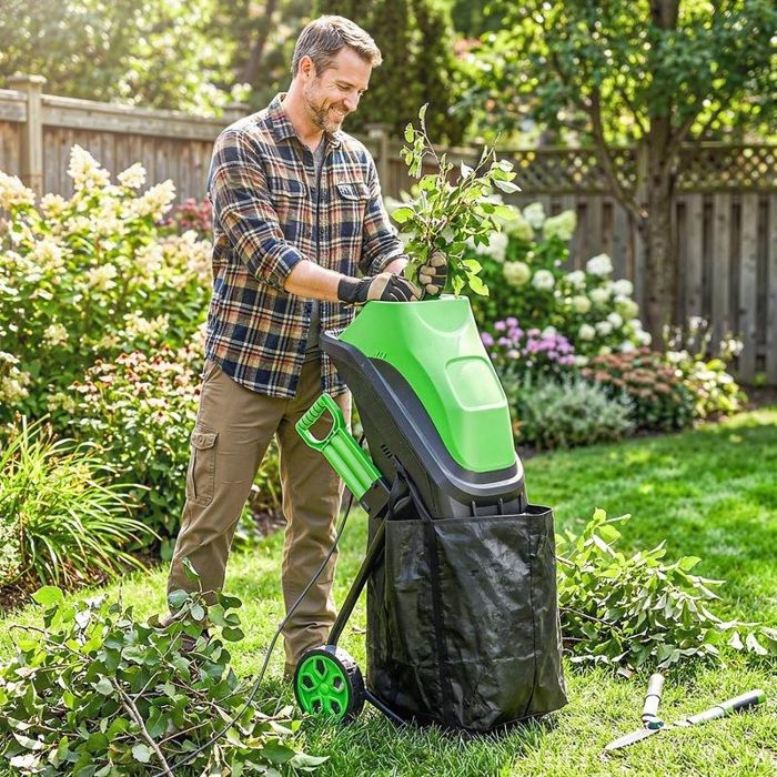 Broyeur branches 2500 W, Ø44 mm, 2 lames, sac 45 L + roues vert ...