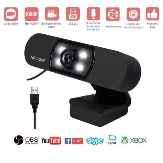 Webcam 1080P Full HD Live Streaming avec Microphone Antibruit et 4 LED ...