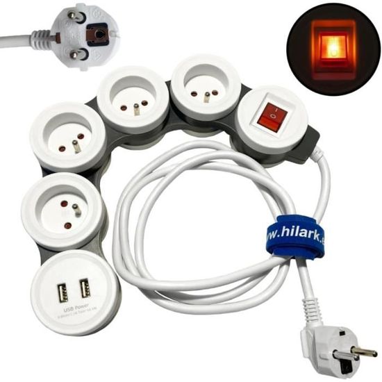 Rallonge Multi-Prises (4 Prises + Usb2.1A, Blanc, 5 Mètre)[n1572 ...