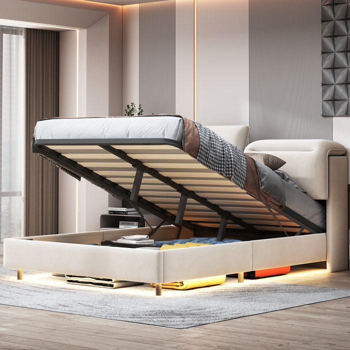 Lit coffre flottant 160x200cm, lit adulte double avec tête de lit ...