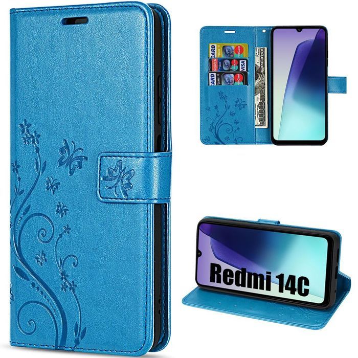 Coque pour Xiaomi Redmi 14C, Antichoc Cuir Synthétique Bleu Motif ...