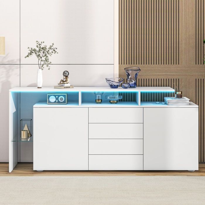 Buffet Moderne avec LED RGB Connectée, 2 Portes, 4 Tiroirs et ...