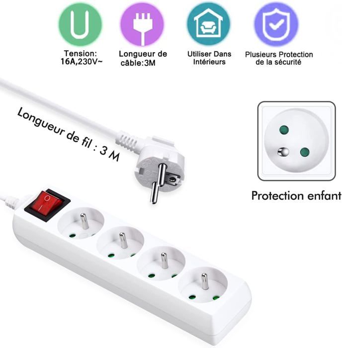 Multiprise avec Interrupteur,multiprises électrique 3 Mètre, Sécurité ...