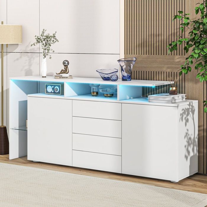 Buffet Moderne avec LED RGB Connectée, 2 Portes, 4 Tiroirs et ...