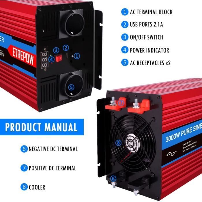 ETREPOW ®Convertisseur 3000W Pur Sinus DC 12V a AC 220V/230V -2 Prises EU AC et 1 Port USB ...