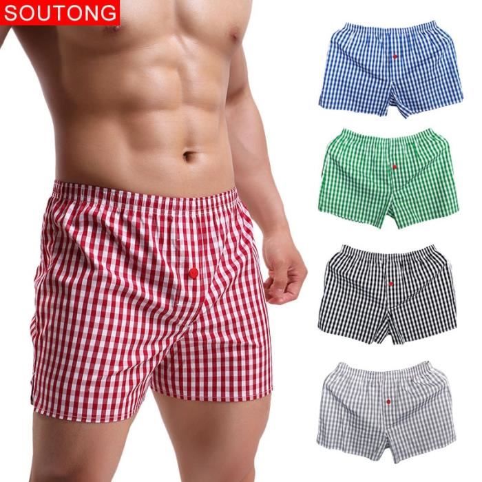Sous-vêtement,Soutong Coton Hommes Caleçon Boxeur Plaid Imprimé Court ...
