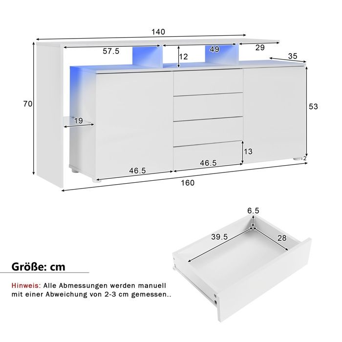 Buffet Moderne avec LED RGB Connectée, 2 Portes, 4 Tiroirs et ...