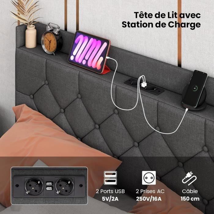 Structure de Lit Double - COSTWAY - Flottant avec LED - Tête de Lit ...