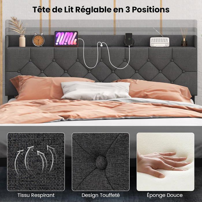 Structure de Lit Double - COSTWAY - Flottant avec LED - Tête de Lit ...