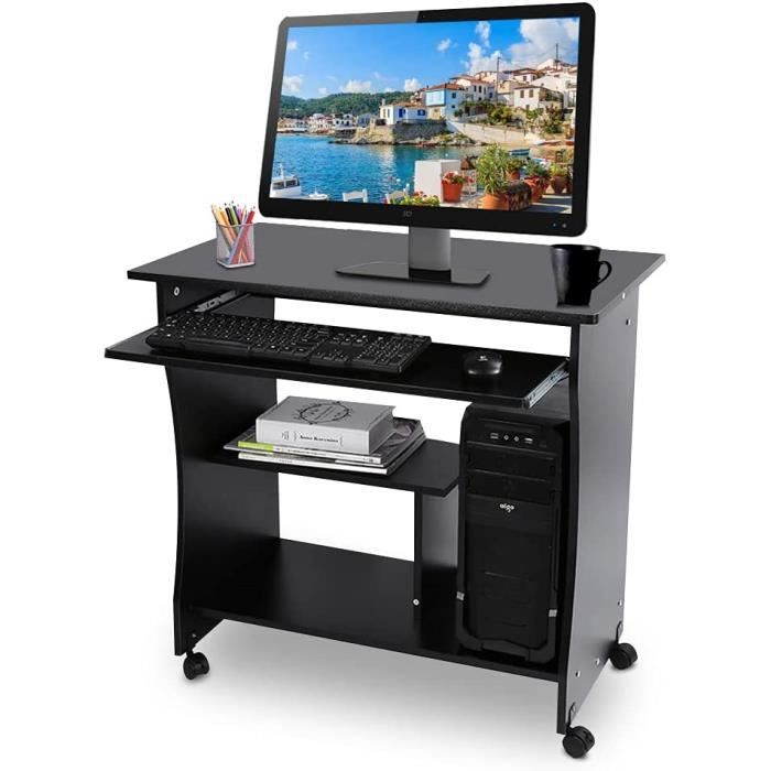 BUREAU Bureau Ordinateur à roulettes Table Informatique de Travail Noir ...
