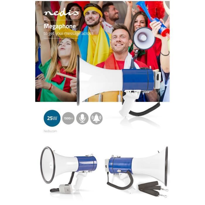 Mégaphone 25W NEDIS - Portée 1500m - Sirène intégrée - Blanc ...