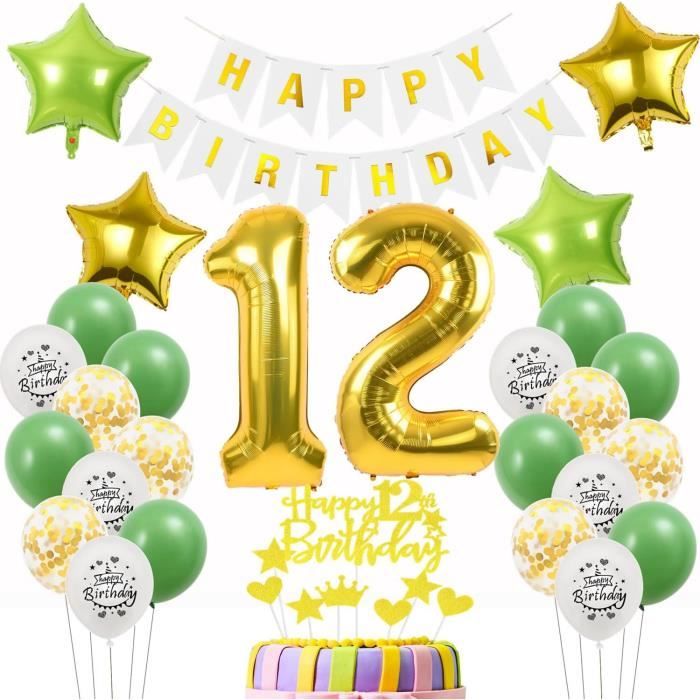 Ballons 12 Anniversaire Garçon Fille Decoration Or Vert, Decoration ...