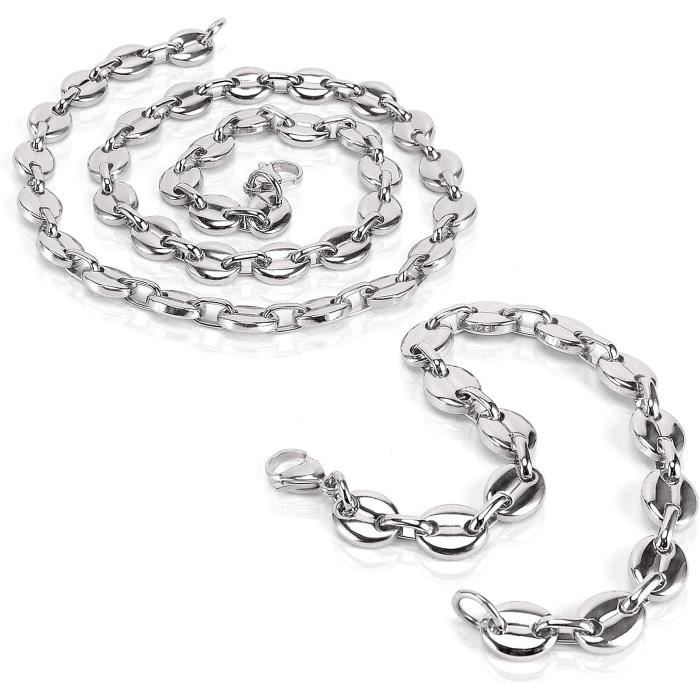 Parure Bracelet Et Chaine Homme Acier Inox Massif Grain Deà Café Taille ...