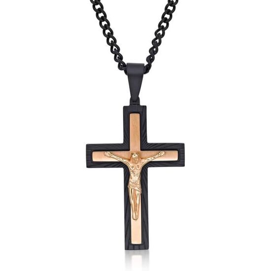 Chaine Et Pendentif Croix Pour Homme En Metal Noir Et Or Rose, Collier ...