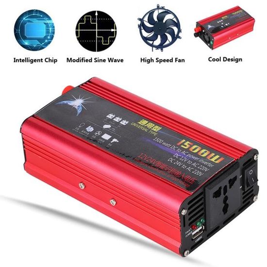 Convertisseur de puissance - DILWE - 1500W - DC 12V/24V en AC 220V - Universel - Allume-cigare ...