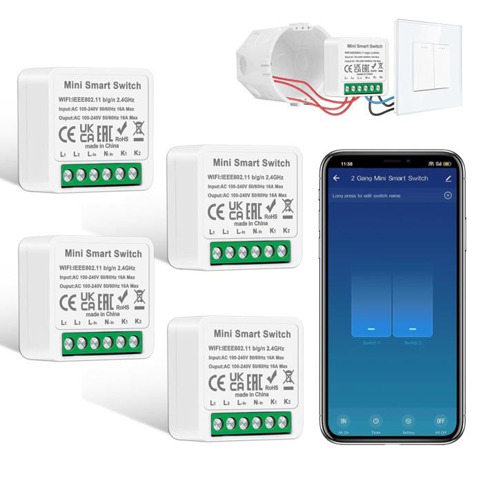 Lot de 4 modules d'interrupteur intelligents - 2 voies - 1 voie - Mini ...