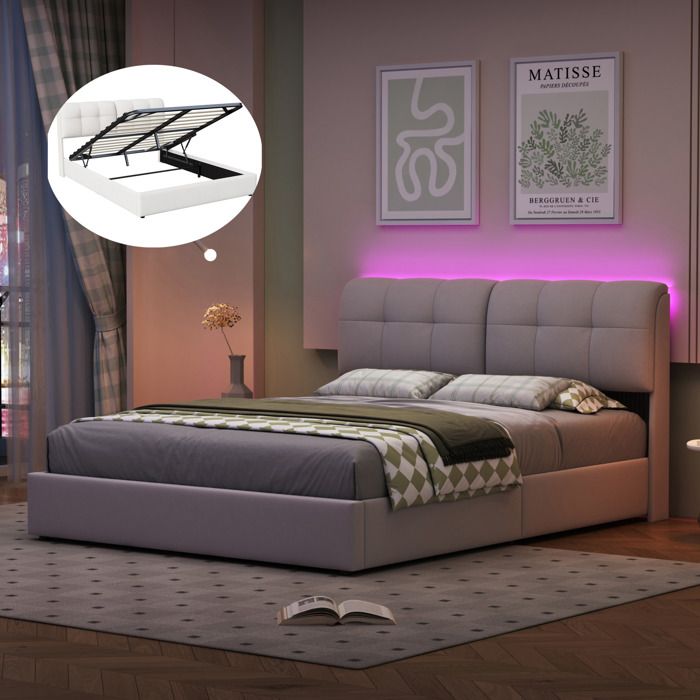 Lit Coffre 140 x 200 cm avec LED, Lit Double avec Sommier Relevable ...