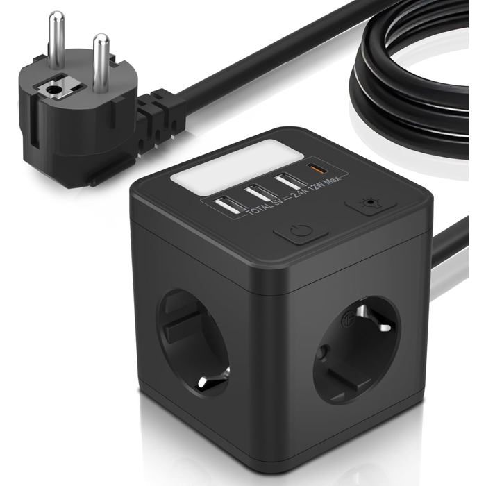 Multiprise cubique avec 4 prises (1 port USB-C et 3 ports USB-A),1,5 m avec veilleuse,avec ...