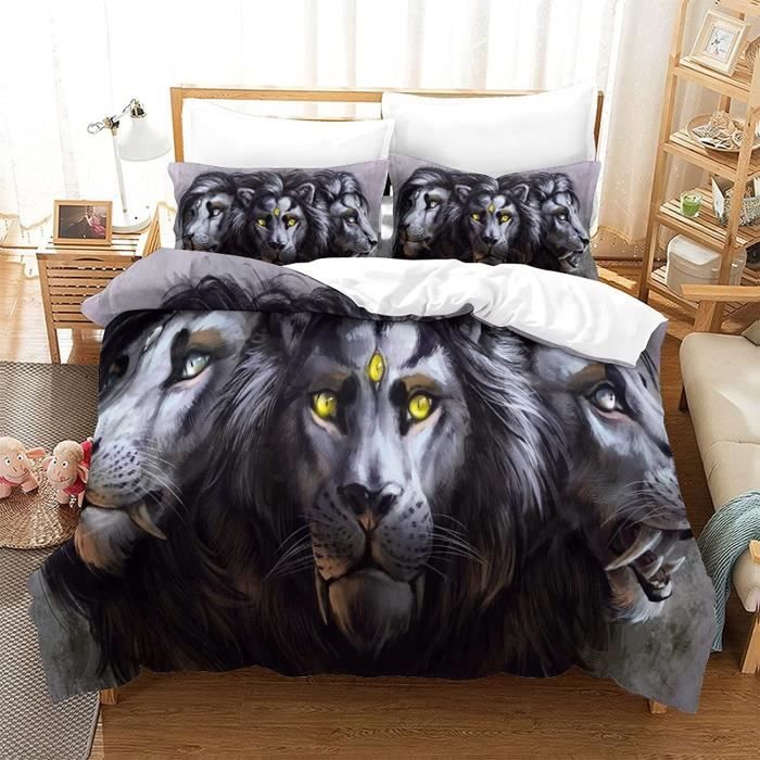 Lion Housse de Couette Art Trois Têtes de Lion Imprimé Housse de ...