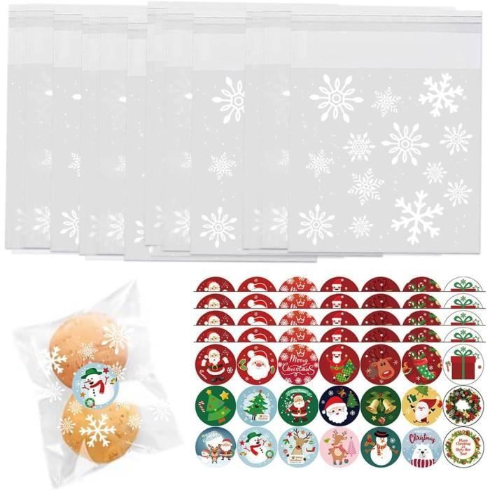 100 Pièces Sachet Biscuit Noel Auto-Adhésifs Flocon de Neige Sachets ...