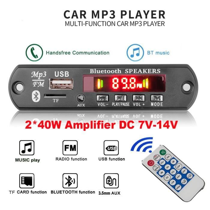 7V-14V - Amplificateur Bluetooth 2x40W 80W, Module Radio FM mains libres avec Micro carte ...