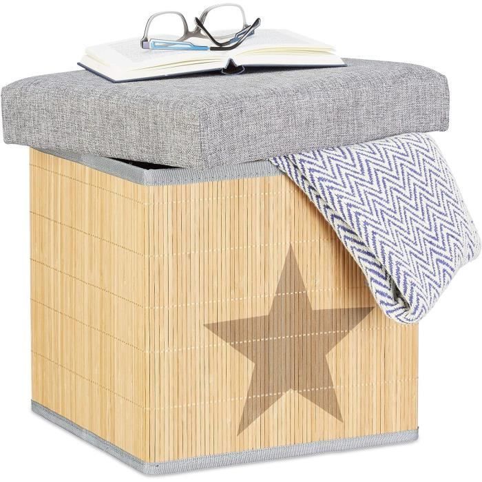 Tabouret De Rangement Pliant Cube Avec Couvercle 36 Cm Bambou Gris ...