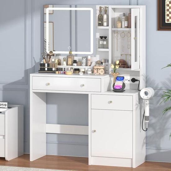 Coiffeuse avec Miroir LED - NHHF - 85L X 38P X 136H CM- 2 Prise et USB ...