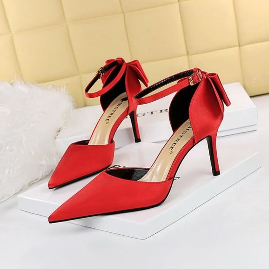 Escarpin Femme - Satin de soie - Talons hauts - Bout Pointu - Rouge 8cm ...