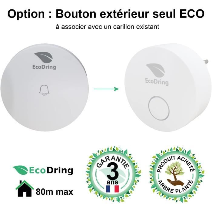 Sonnette Sans Fil Sans Pile Eco (Bouton Émetteur Seul) * Garantie 3 Ans * Portée Max 80 M ...