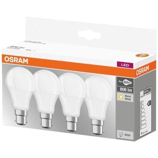 OSRAM Lot de 4 Ampoules LED B22 standard dépolie 9 W équivalent à 60 W blanc chaud - Cdiscount ...