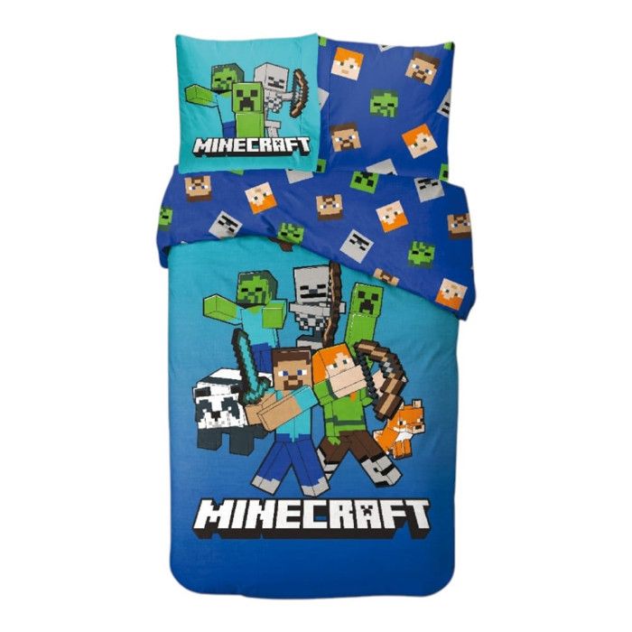 Parure de Lit Enfant 100% Coton Minecraft Block, Lit 1 place, Housse de ...