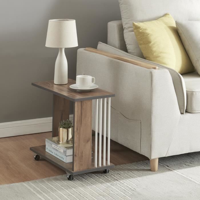 Table d'appoint rectangulaire Haarby à roulettes effet chêne ...