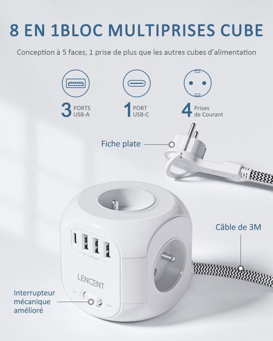 Cube multiprise 3M avec 4 Prises AC 3 USB et 1 Type C Fiche Plate ...