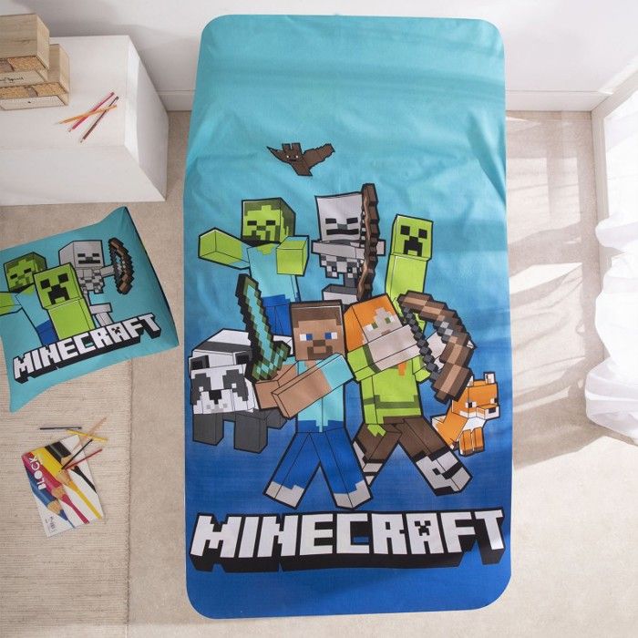Parure de Lit Enfant 100% Coton Minecraft Block, Lit 1 place, Housse de ...