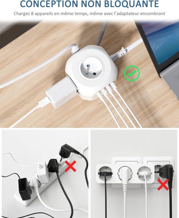 Cube multiprise 3M avec 4 Prises AC 3 USB et 1 Type C Fiche Plate ...