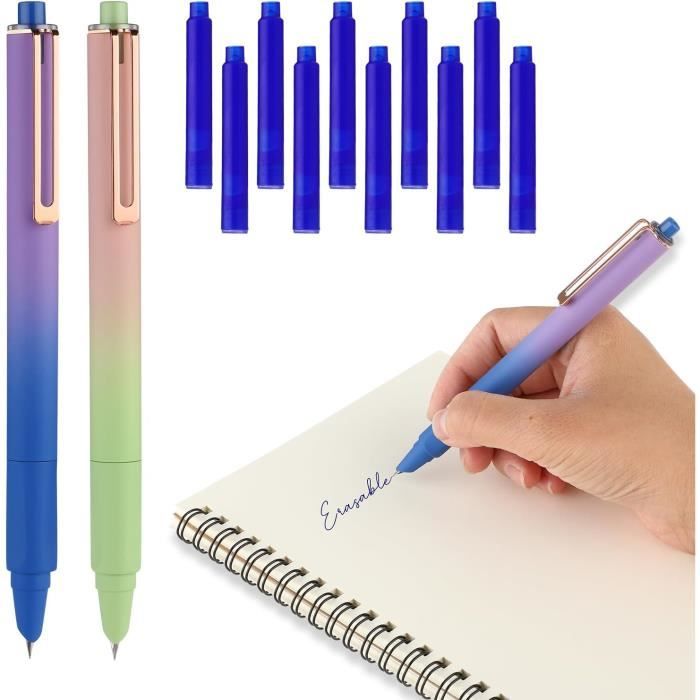 Lot De 2 Stylos Plume Effaçables Rétractables Avec 10 Sacs Dencre