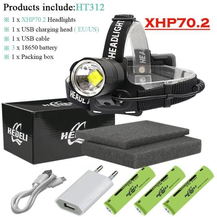Lampe frontale,600000LM XHP100 puissant phare Led 18650 XHP90 Led phare Rechargeable tête lampe ...