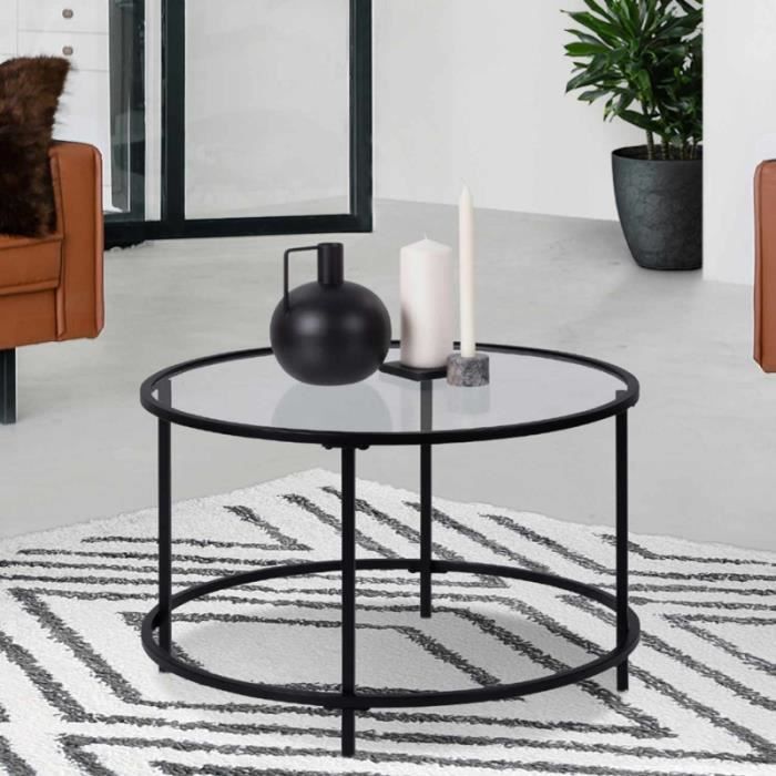 IDMARKET Table basse MERANO ronde 70 cm plateau en verre et pied métal ...