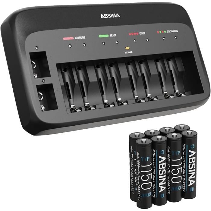 ABSINA Chargeur de Piles X10 pour AA, AAA & 9V + 8 Piles AAA 1150 - Chargeur Piles 10 Fois Plus ...