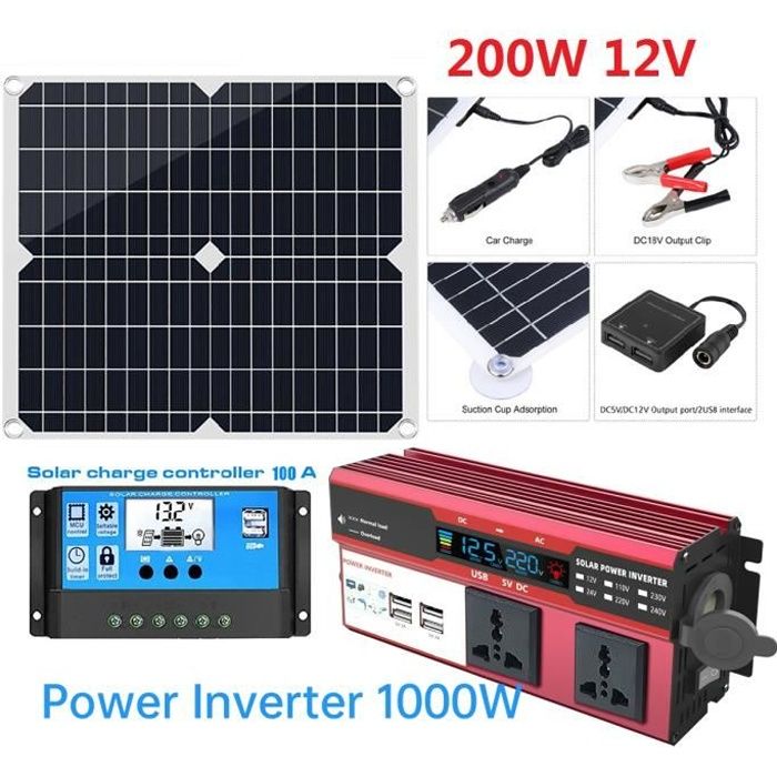 4000W Power Inverter Portable 200W Kit de panneau solaire Système d'alimentation solaire avec 2 ...