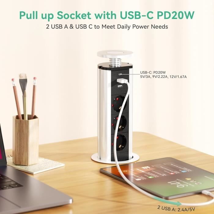 Prise Encastrable Plan De Travail, Bloc Multiprise Escamotable 3 Prises ...