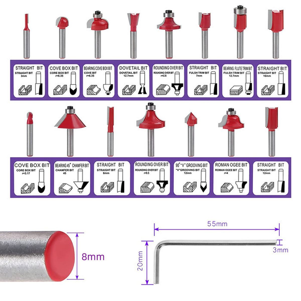 15PCS Fraises pour Défonceuse 8mm, Fraise à Bois en Carbure de Tungstène, Coffret Fraises ...