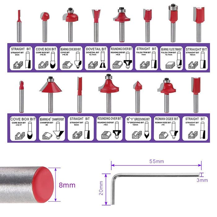 15PCS Fraises pour Défonceuse 8mm, Fraise à Bois en Carbure de Tungstène, Coffret Fraises ...