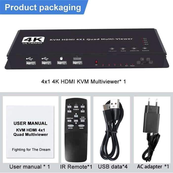 UE - 4K HDMI KVM Switch 4x1 Quad Multi Viewer 4 en 1 Out KVM HDMI Processeur Écran Multiviewer ...